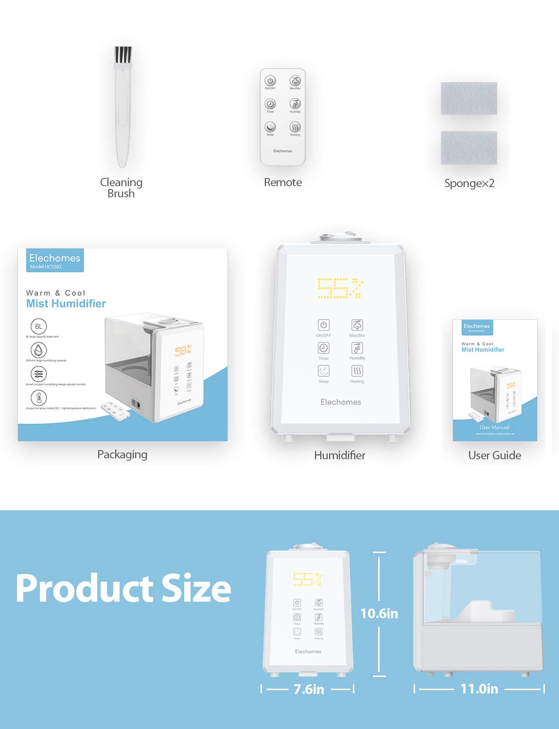 Elechomes Humidifiers for Bedroom (6L), Ultra-Quiet Warm and Cool Mist Humidifiers for Home, Baby and Plants, Humidity Sensor, Sleep Mode, Timer, UC5501, White