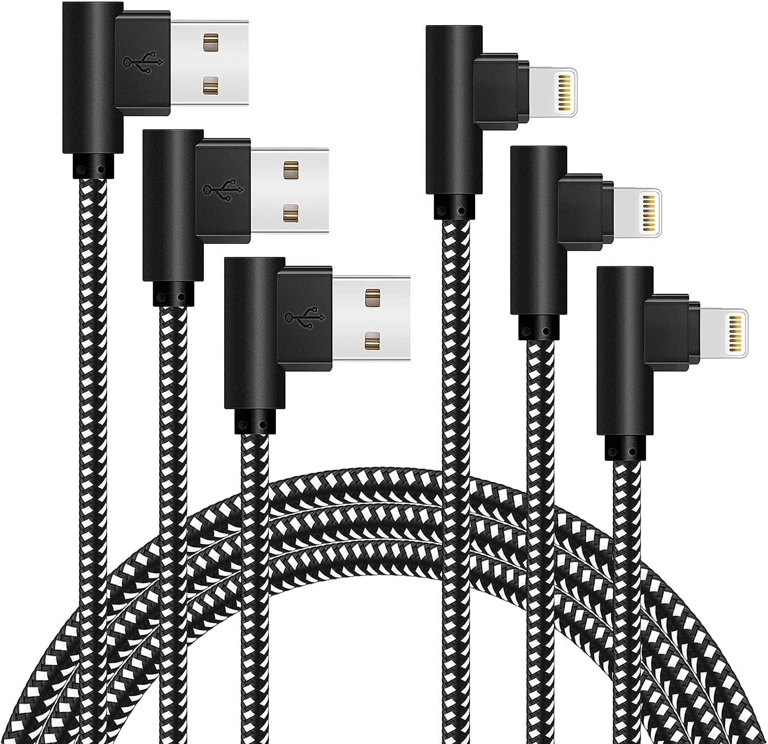 Lightning Cable 6ft (3-Pack), [Apple MFi Certified] Right Angle Braided Nylon Cable for iPhone Chargers, Fast Charging Cord Compatible with iPhone 14/13/12/11 Pro Max/XS MAX/XR/XS/X etc