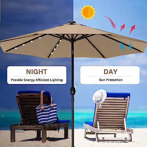 YSSOA 9' Solar 32 Lighted Patio Table Market Push Button Tilt/Crank Outdoor Umbrella for Garden, Deck, Backyard and Pool, 9ft-LED, Tan—LED