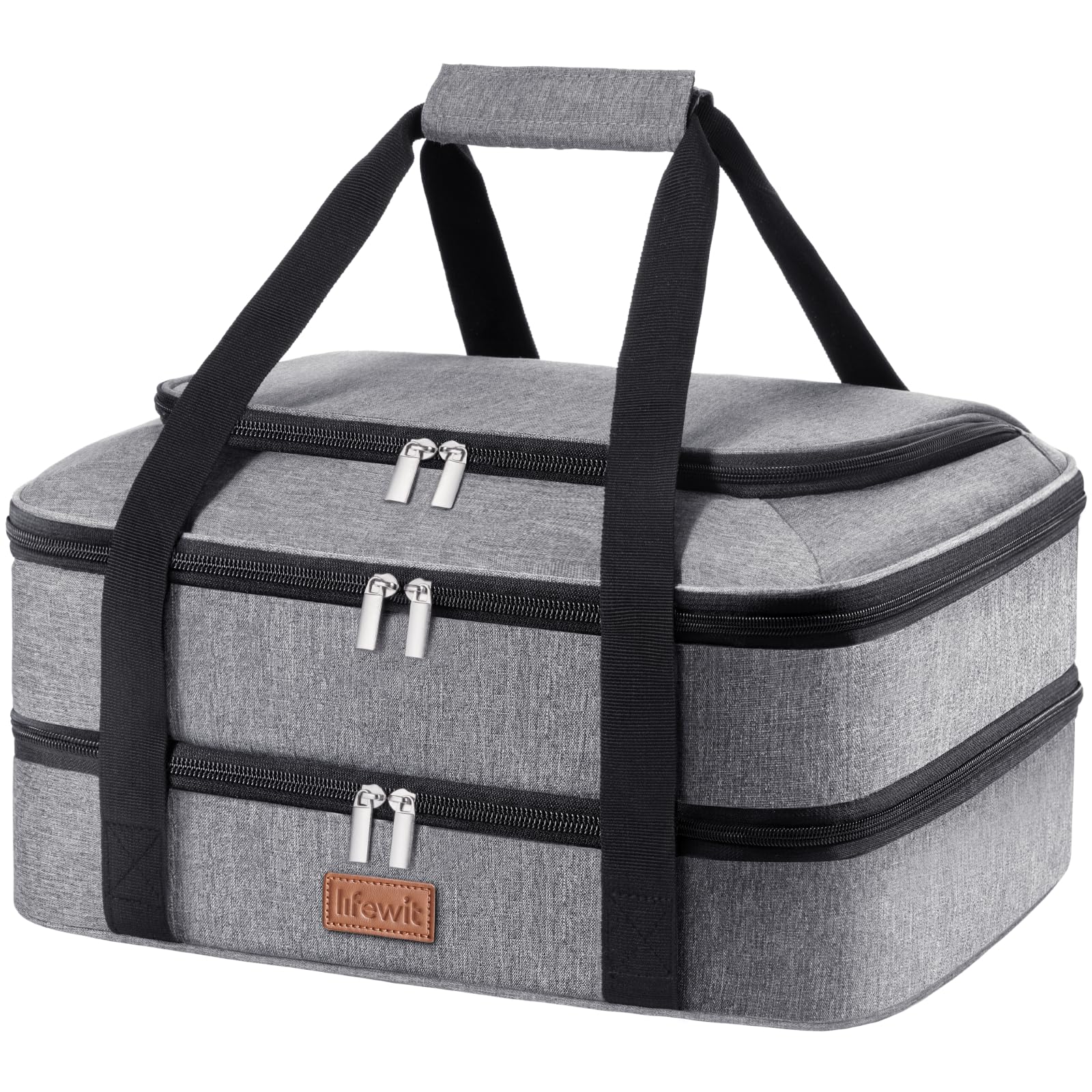 Lifewit Double Decker Casserole Carrier for Hot and Cold Food, Insulated Casserole Dish Carrier Carrying Case with Tool Room, Thermal Bag for Potluck Parties Cookouts Fits 9"Ć13" Baking Dish, Gray