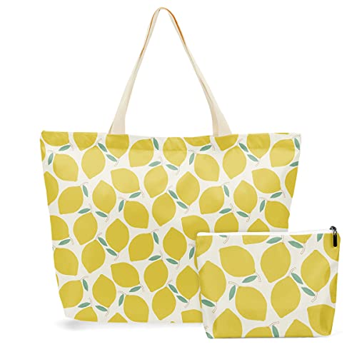Tote Bag Makeup Bag Lemon Lemon Party Decorations Lemon Print Lemon Gifts Birthday Gift Ideas for Women Girls Best Friend Fruit Lovers Waterproof Tote Bag with Zipper Cosmetic Bag Set of 2