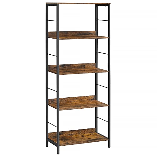 VASAGLE 5-Tier Bookshelf, Bookcase for Office, 11.8 x 23.6 x 56.7 Inches, Shelving Unit, with Back Panels, Industrial Style, for Living Room, Study, Home Office, Rustic Brown and Black ULLS117B01