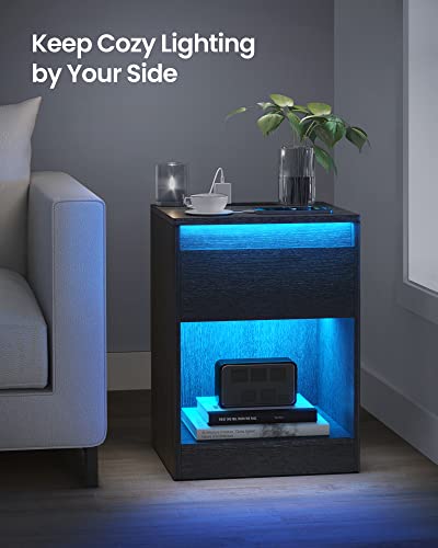 VASAGLE Nightstand with Charging Station, Side End Adjustable LED Lights, Bedside Table with Drawer 2 AC Outlets, 2 USB Ports, Modern, for Bedroom, 13.7" D x 15.7" W x 21.7" H, Black