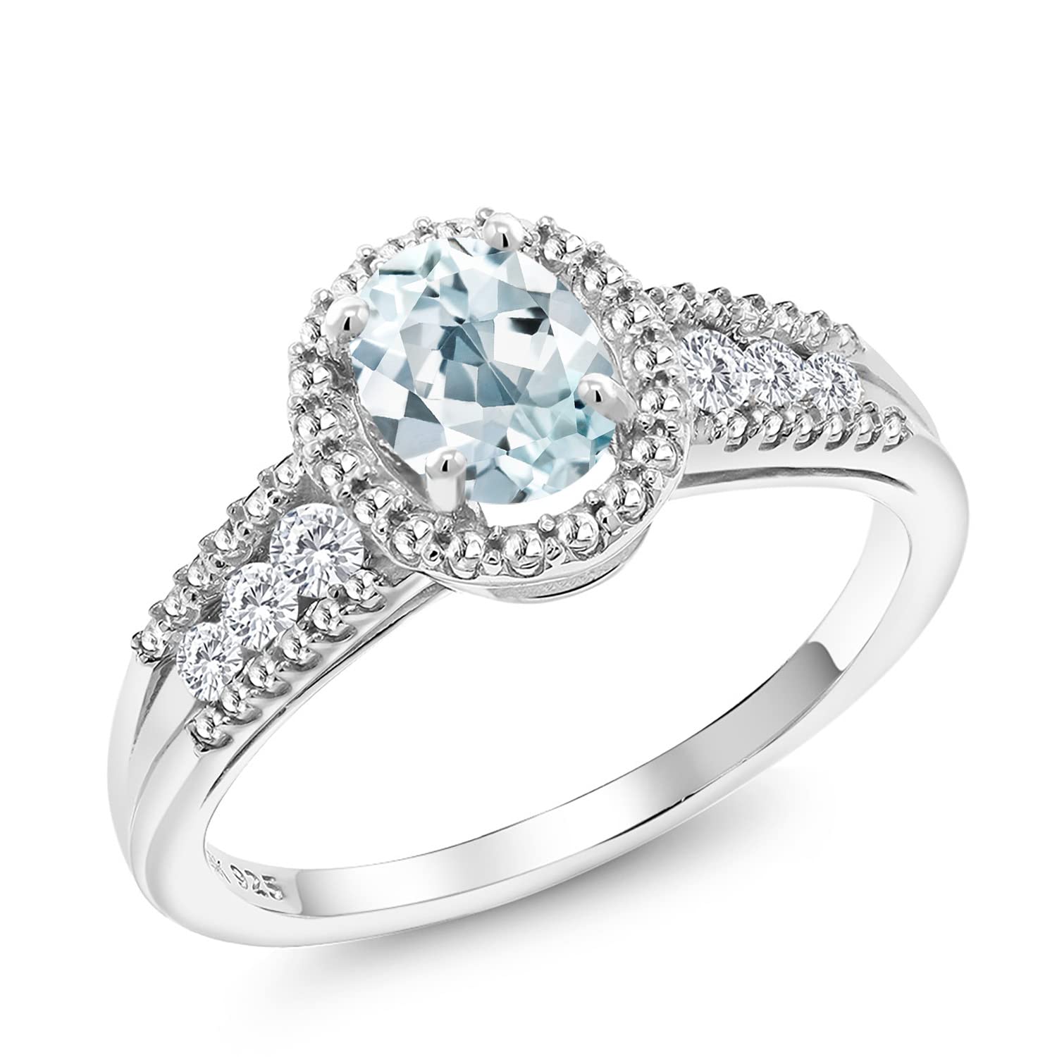 Gem Stone King 925 Sterling Silver Sky Blue Aquamarine and White Created Sapphire Women Engagement Ring (0.99 Cttw, Oval 7X5MM, Gemstone Birthstone, Available in size 5, 6, 7, 8, 9)