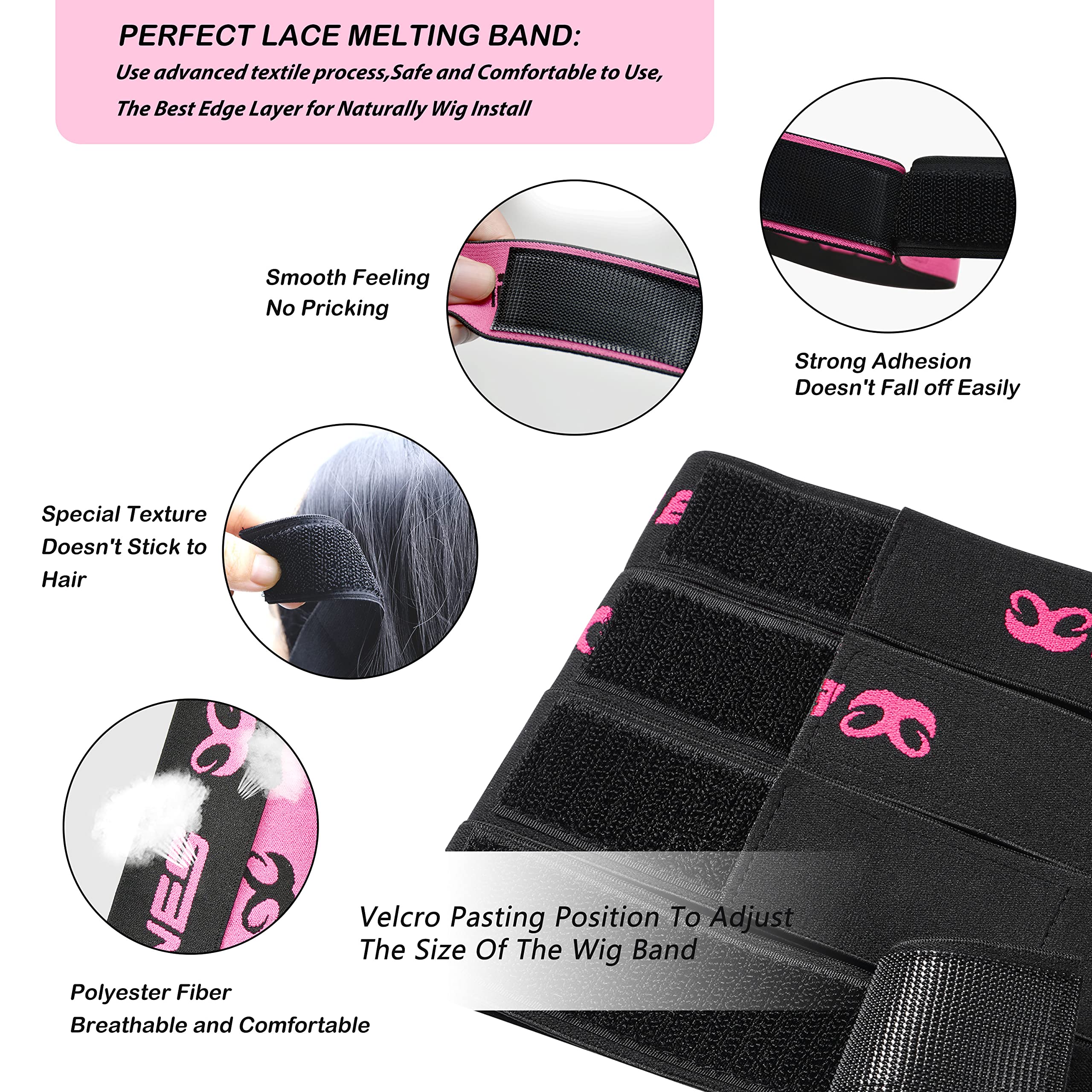 Elastic Bands for Lace Front Wigs and Baby Hair - Headband Wrap to Lay Edges, Wig Accessories (Black+Pink-02)