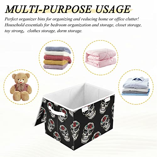 innewgogo Skull with Rose above Head Storage Bins with Lids for Organizing Cube Cubby with Handles Oxford Cloth Storage Cube Box for Toys
