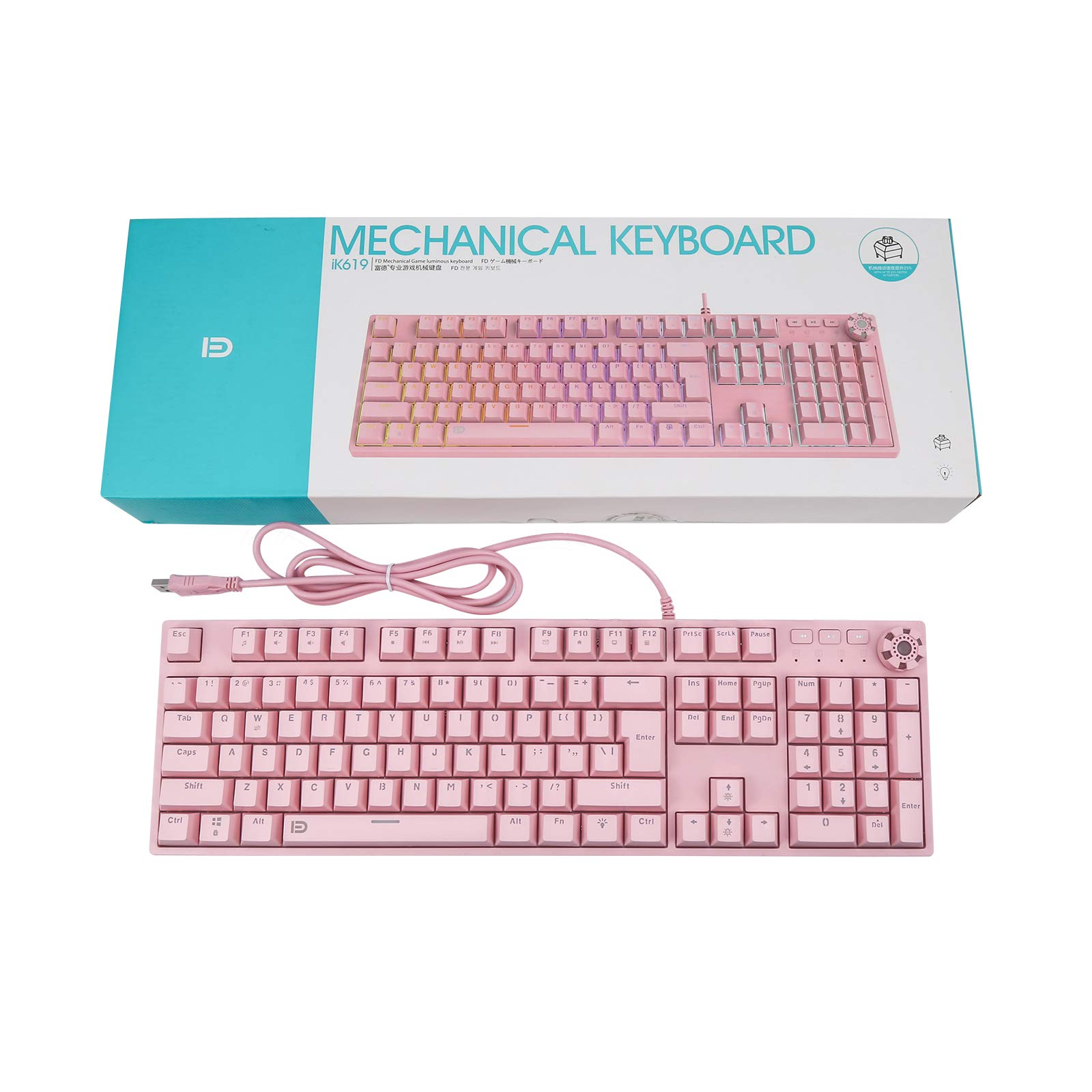 FD ik619 Mechanical Gaming Keyboard with 104 Keys RGB Backlit, Blue Switches(Pink)