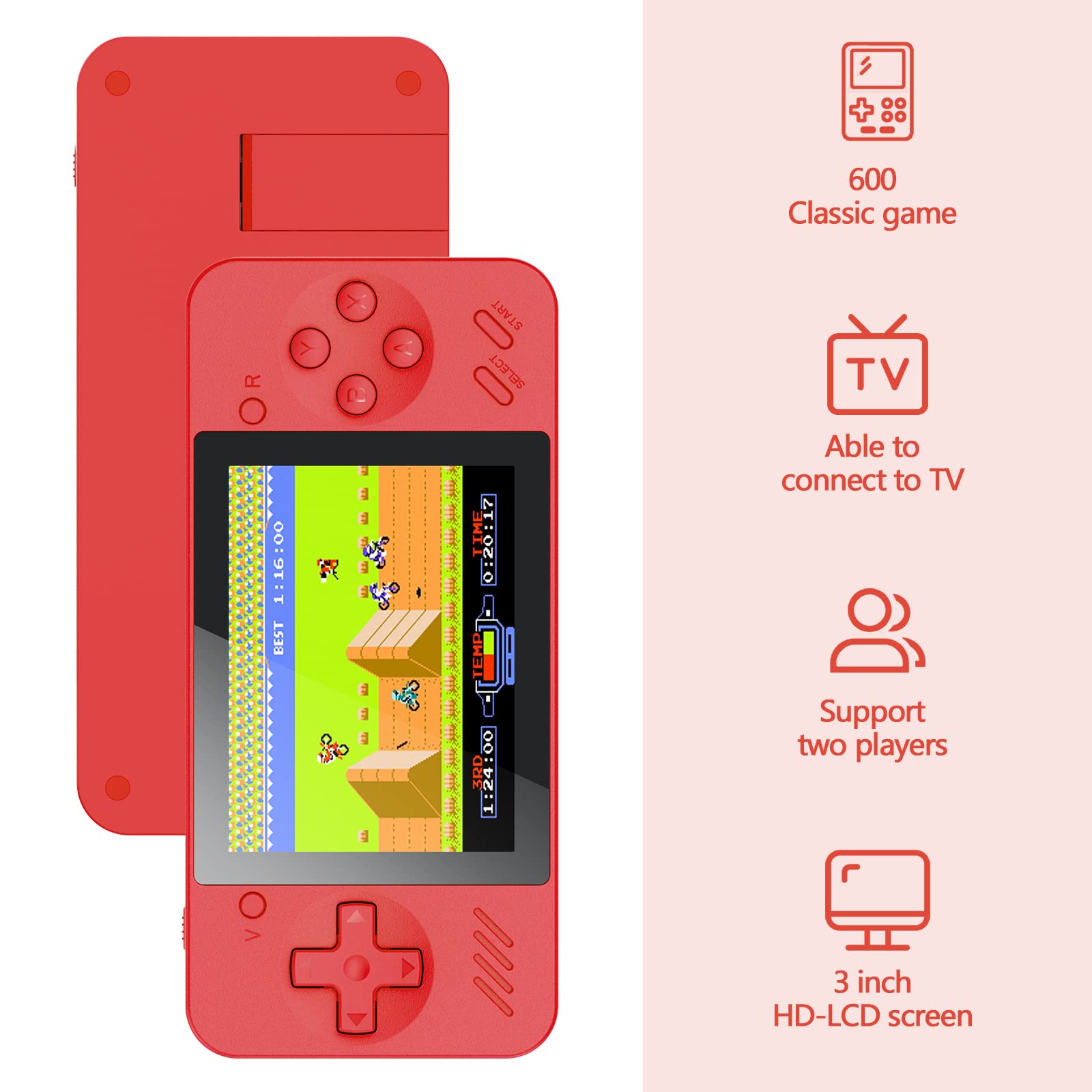Handheld Game Console - 3.5 ’’ HD Screen Portable Retro Handheld Video Games with 600 Classical FC Games 5000mAh Rechargeable Battery Support for Connecting TV Best Gift for Kids(Red)
