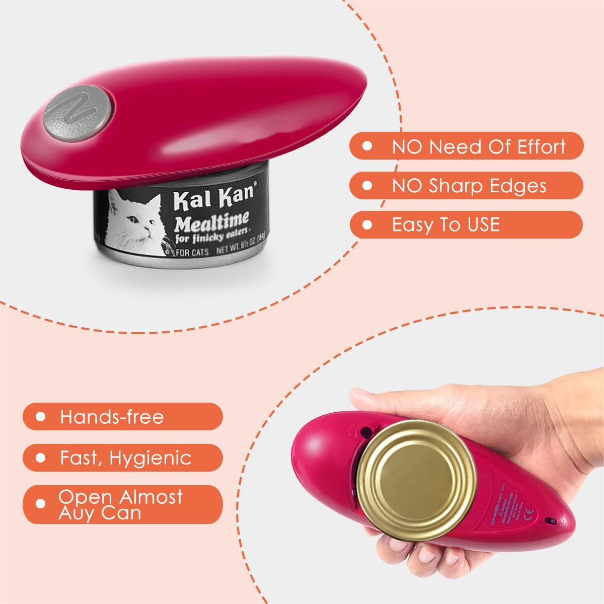 Electric Can Opener,Hand Held One-Touch Can Opener Smooth Edge Fits Almost All Can Sizes for kitchen,Food Safe Battery Can Opener Wine Red