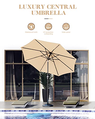 Zersun 9FT Patio Umbrella, Solar Powered LED Umbrellas with 32 LED Lights 8 Ribs/Tilt Adjustment and Crank Lift System for Garden, Backyard and Pool - Tan