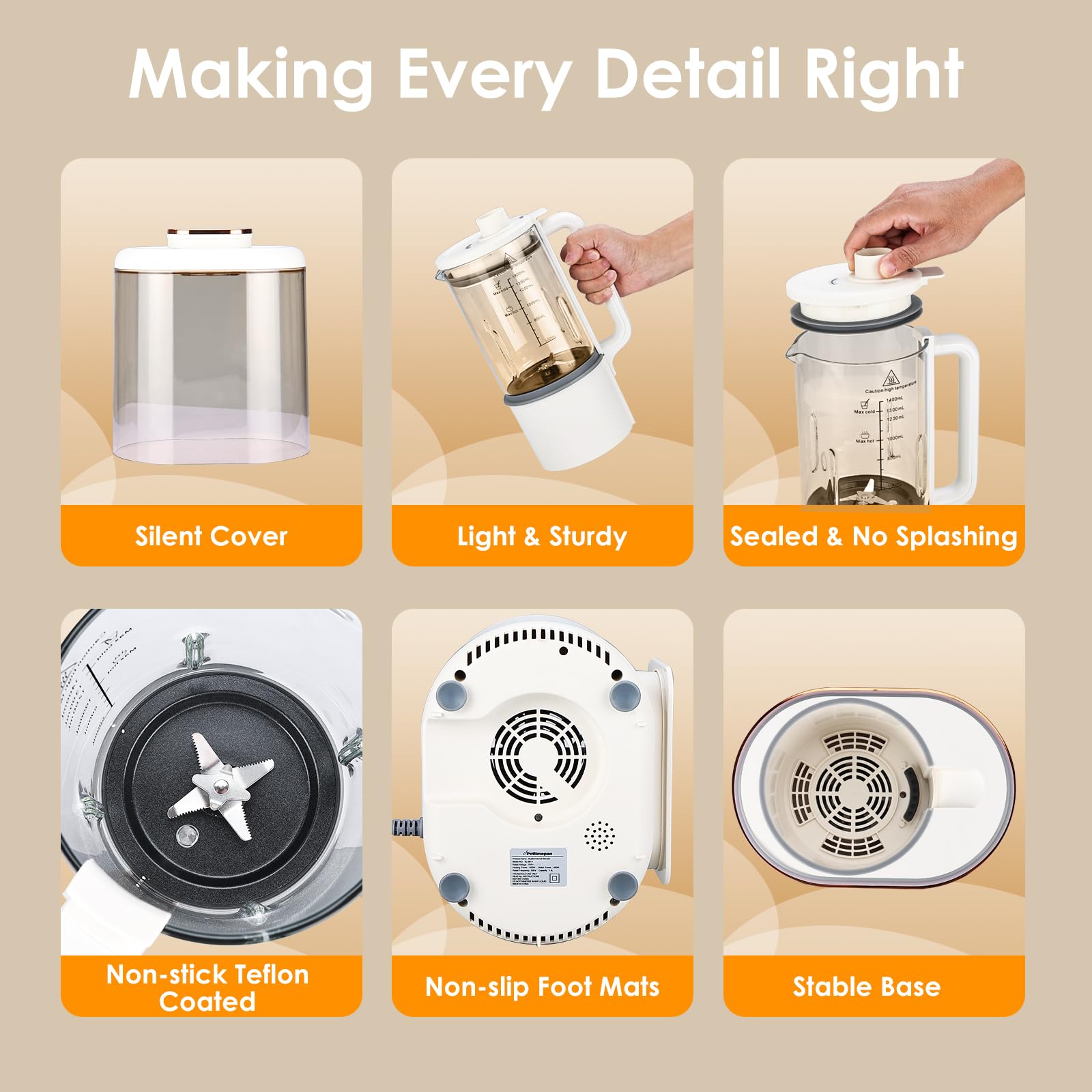 Potlimepan 8in1 Quite Cooking Blender, 1.4L 600W Countertop Blender with Silent Shield, Hot&Cold Kitchen Blender 8 Programs with 24H Preset, Self-Cleaning, for Smoothie Soy Milk Oat Milk and Juice