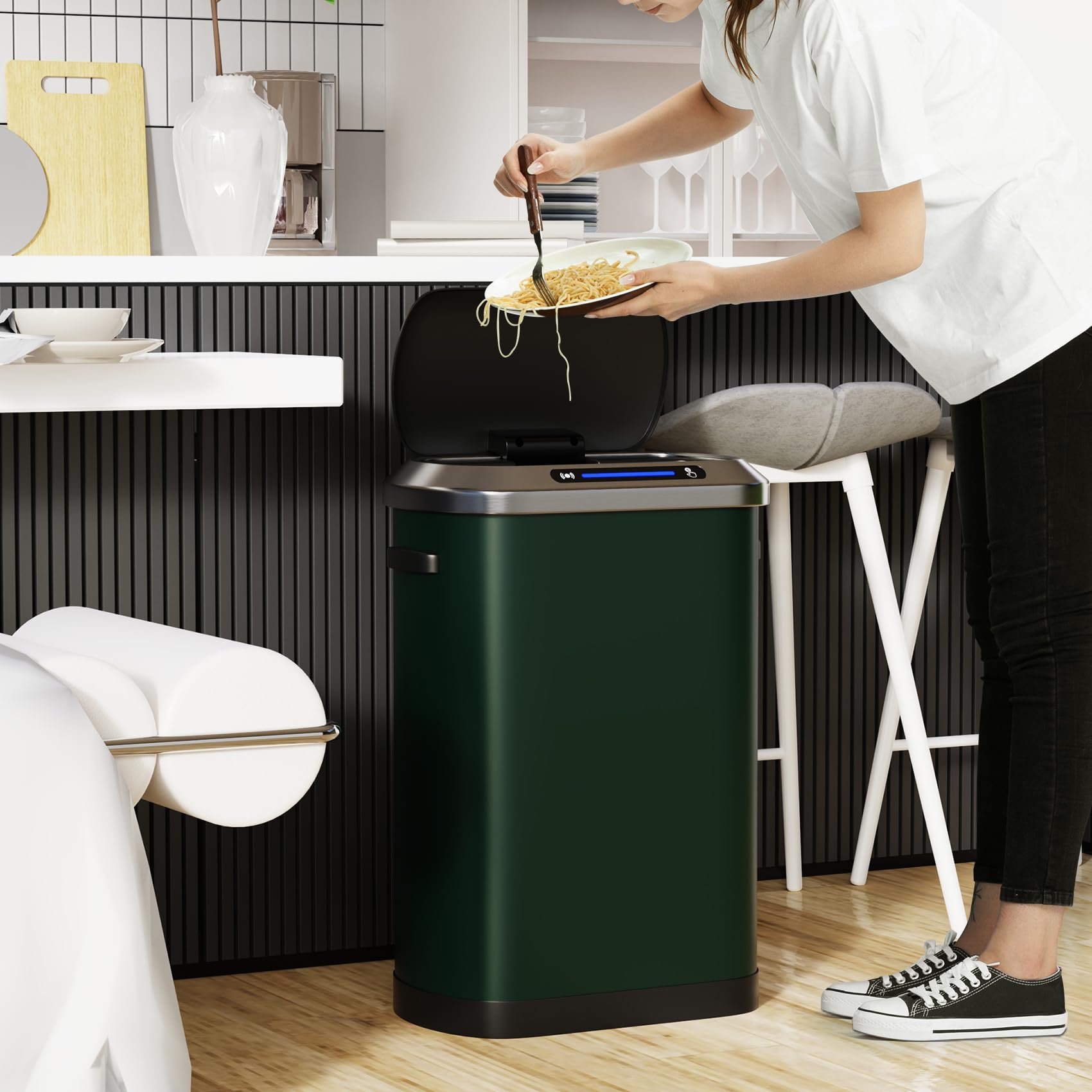 pouseayar 13 Gallon 50L Stainless Steel Smart Trash Can with Motion Sensor Super Quiet Lid and 30 Garbage Bags, Perfect for Kitchen, Home, Office - Green