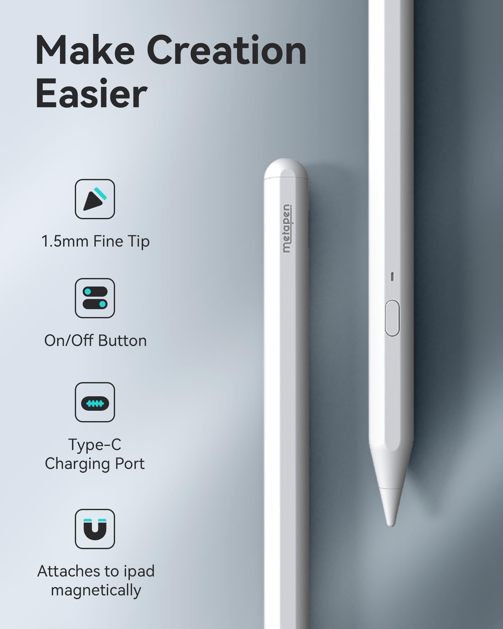 Metapen Pencil Tips for Apple Pencil 2nd and 1st Generation - 1:1 Original Size (4pcs, 2X More Durable), Fit Well with iPad Pen for iPad Pro/Mini/Air, Active Stylus Nibs (White, NOT Yellow)