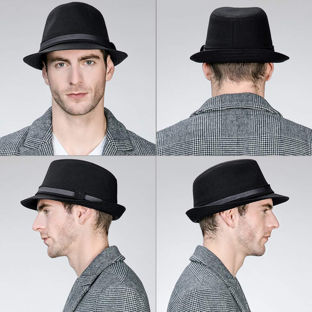 Fancet Mens Large 1920s Black Fedora Packable Manhatten Gatsby Gangster Trilby Winter Derby Jazz Dress Hat