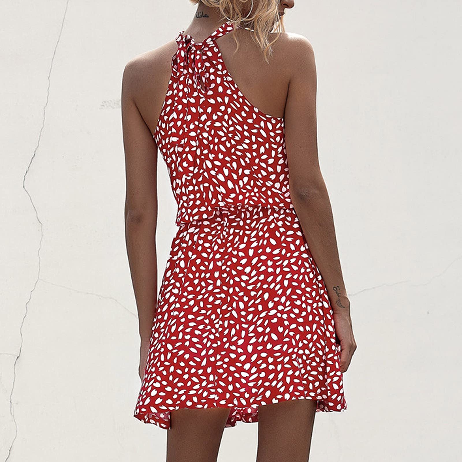 Halter Mini Dress Graphical Printing Crewneck Sundress Back Tie Up Sleeveless Swing Beach Dress for Women Red