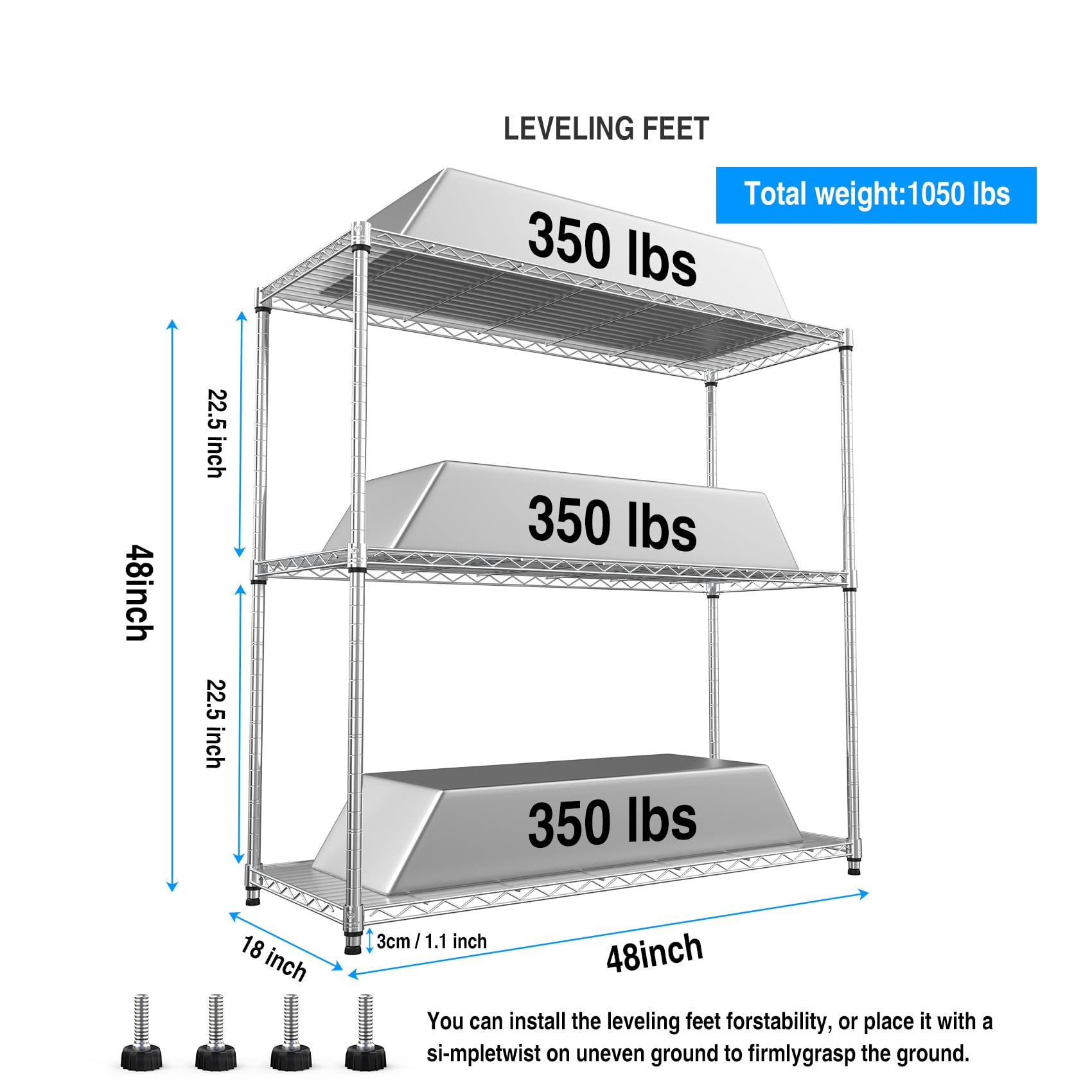 pouseayar 3 Tier NSF Metal Shelf Wire Shelving Unit, 1050lbs Capacity Heavy Duty Adjustable Storage Rack with Shelf Liners - 48" H x 48" L x 18" D for Closet Kitchen Garage Basement and More - Chrome