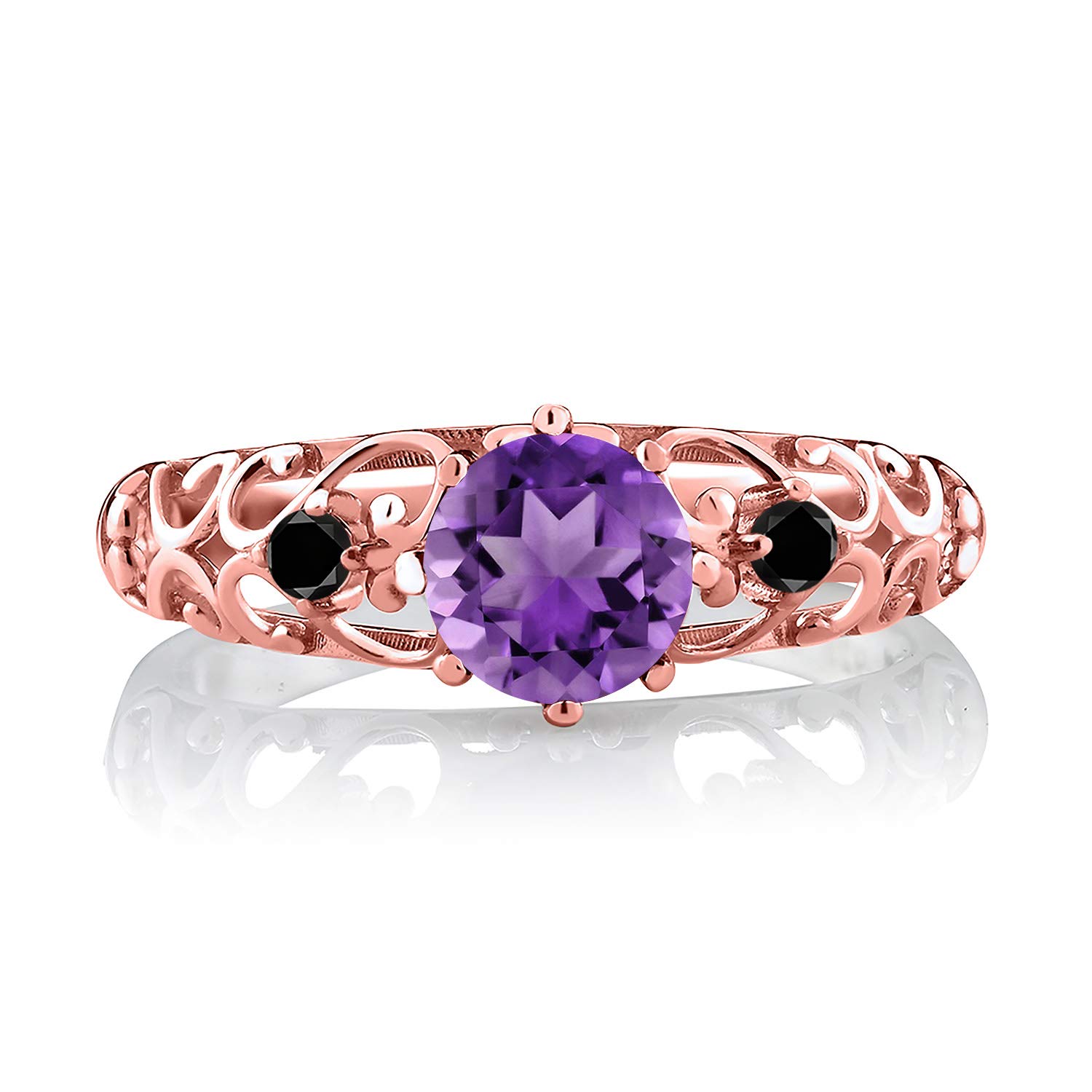 Gem Stone King 1.11 Ct Round Purple Amethyst Black Diamond 18K Rose Gold Plated Silver Ring (Size 5)