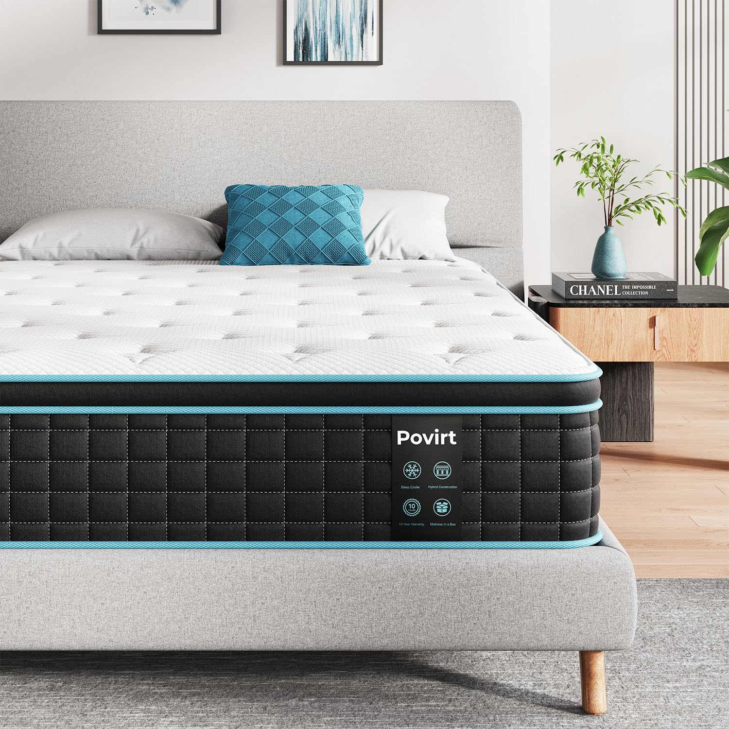 Povirt Queen Mattress 12 Inch, Pocket Spring Hybrid Queen Size Mattress in a Box, Memory Foam and Innerspring Mattress for Pressure Relief, Medium Firm Feel, 60 * 80 * 12 inch