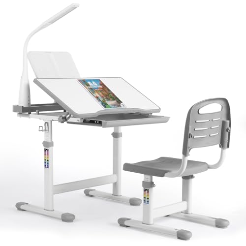MAMIZO Kids Desk and Chair Set, Children School Study Desk Set with 40 Degree Tilt-able Desktop, Multi-Func Height Adjustable Table and Chair w/LED Light, Pull Out Drawer, Book Stand, Hook (Grey)