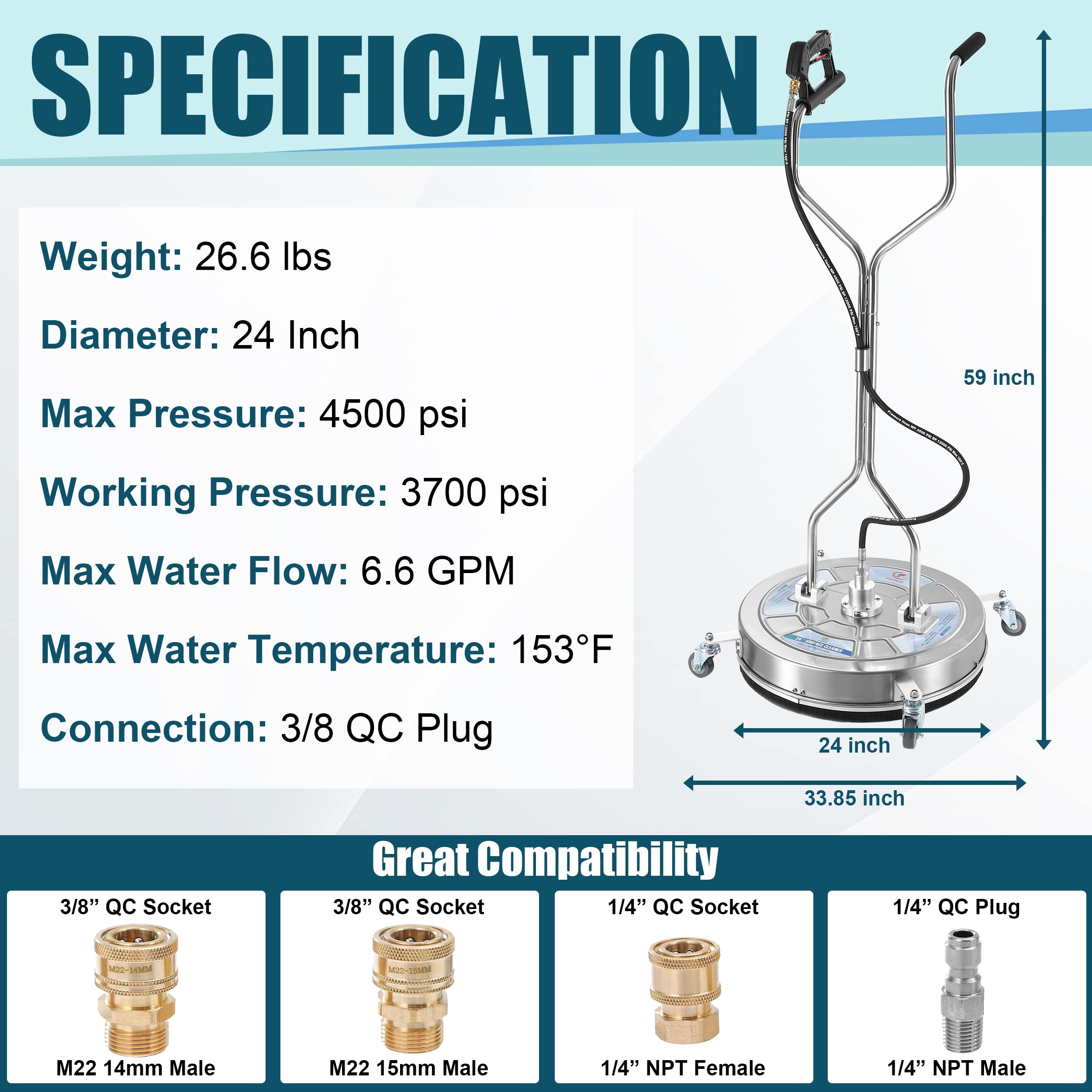 FIXFANS 24" Pressure Washer Surface Cleaner with 4 Wheels, Dual Handle, Stainless Steel Power Wash Surface Washer Attachment, 4500 PSI Pressure Washer Accessory for Driveway Sidewalk Patio Cleaning