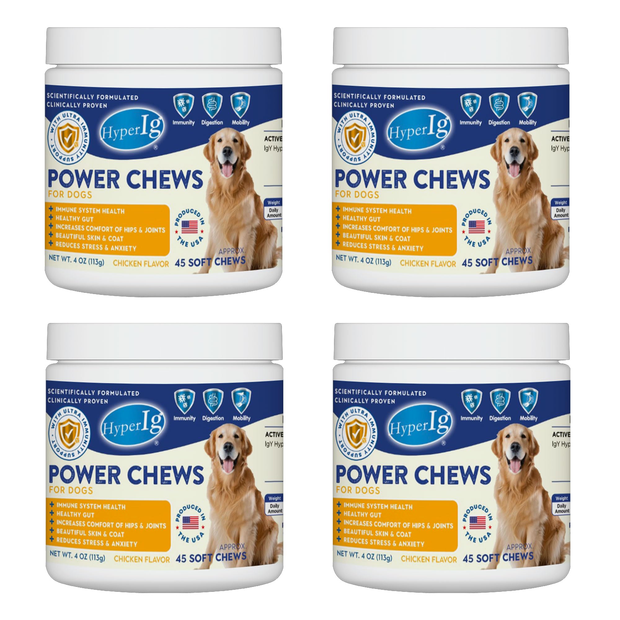 Power Chews for Dogs - Chicken Flavor, IgY Hyperimmune Protein for Immune System Health, Joint Support, Stress & Anxiety Relief, and Healthy Skin & Coat ā 45 Soft Chews, 113g - 4 Cans (4 Canister)