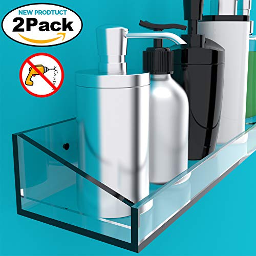 Vdomus Acrylic Bathroom Shelves, Wall Mounted no Drilling Thick Clear Storage & Display shelvings, 2 Pack (Original) and Acrylic Corner Shower Shelf 2 Pack with Adhesive, Wall Mount Bathroom