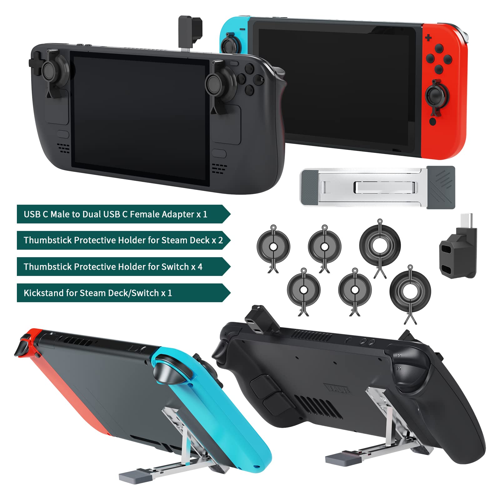 JOYTORN Joystick Guards Bundle with 6 Joystick Protecitve Holder,1 Kickstand,1 90 Degree USB C Male To Dual USB C Adapter