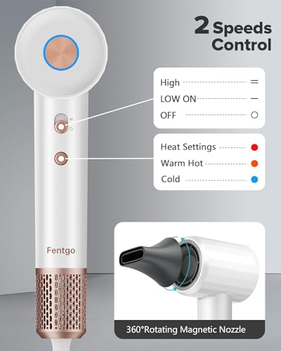 Fentgo High Speed Ionic Hair Dryer with Diffuser, Professonal Blow Dryer 110,000 RPM Brushless Motor for Fast Drying, 1500W 4Temps /2Speeds, Thermo-Control Hairdryer for Women Home Travel (White)