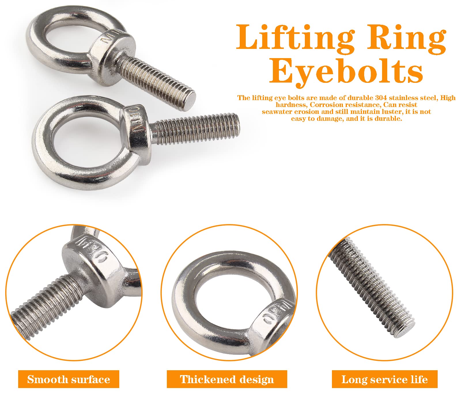 Lanzeuta 4 Pack Eye Bolt, 3/8" x 1 3/8" Stainless Steel Lifting Ring Threaded Eyebolts, Marine Grade Expansion Bolts with Nuts