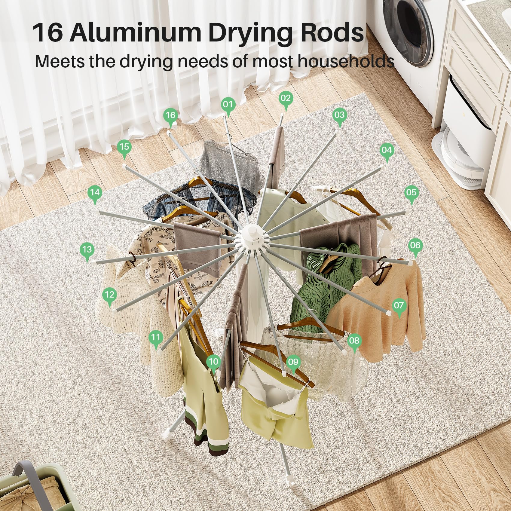 Kitstorack Clothes Drying Rack Laundry Rack Quadrupod Laundry Drying Rack Collapsible with Wheel Portable Drying Rack 16 Aluminum Drying Rods