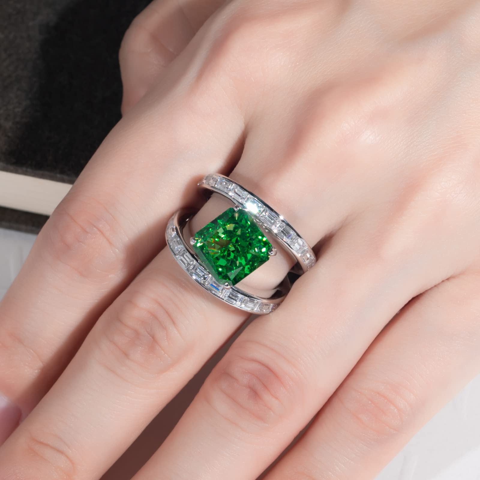 Gobaalele 7.90cttw Cubic Zirconia Engagement Ring,Split Shank Solitaire Statement Ring,Radiant Cut 5A Grade 5.5ct Simulated Emerald, Sterling Silver, Cubic Zirconia