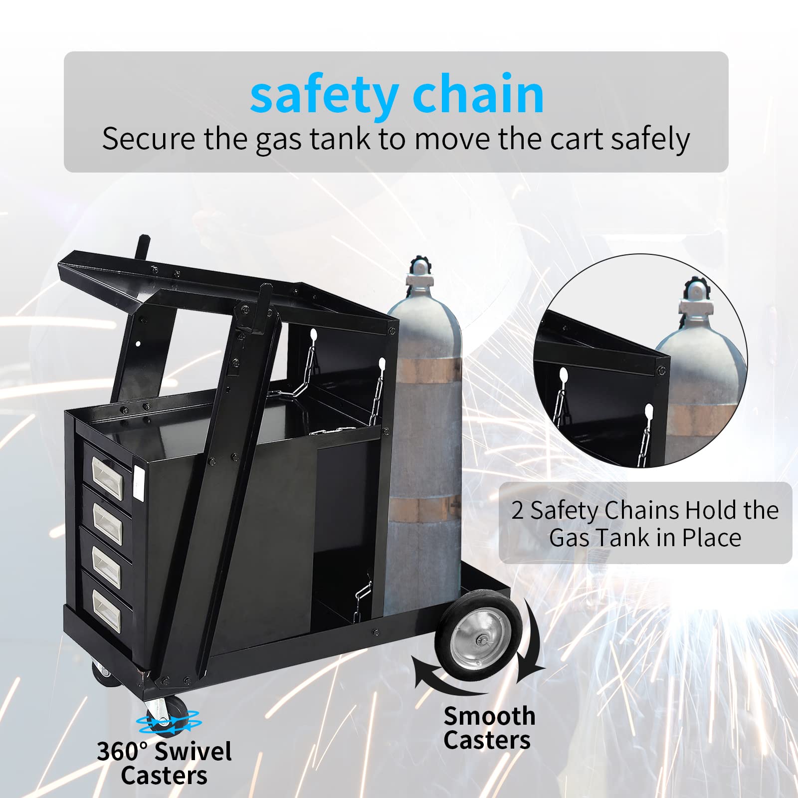 JFamiglia Welding Cart, Carts with 4 Drawers for MIG TIG ARC Plasma Cutter Tank Storage 2 Safety Chains, Black