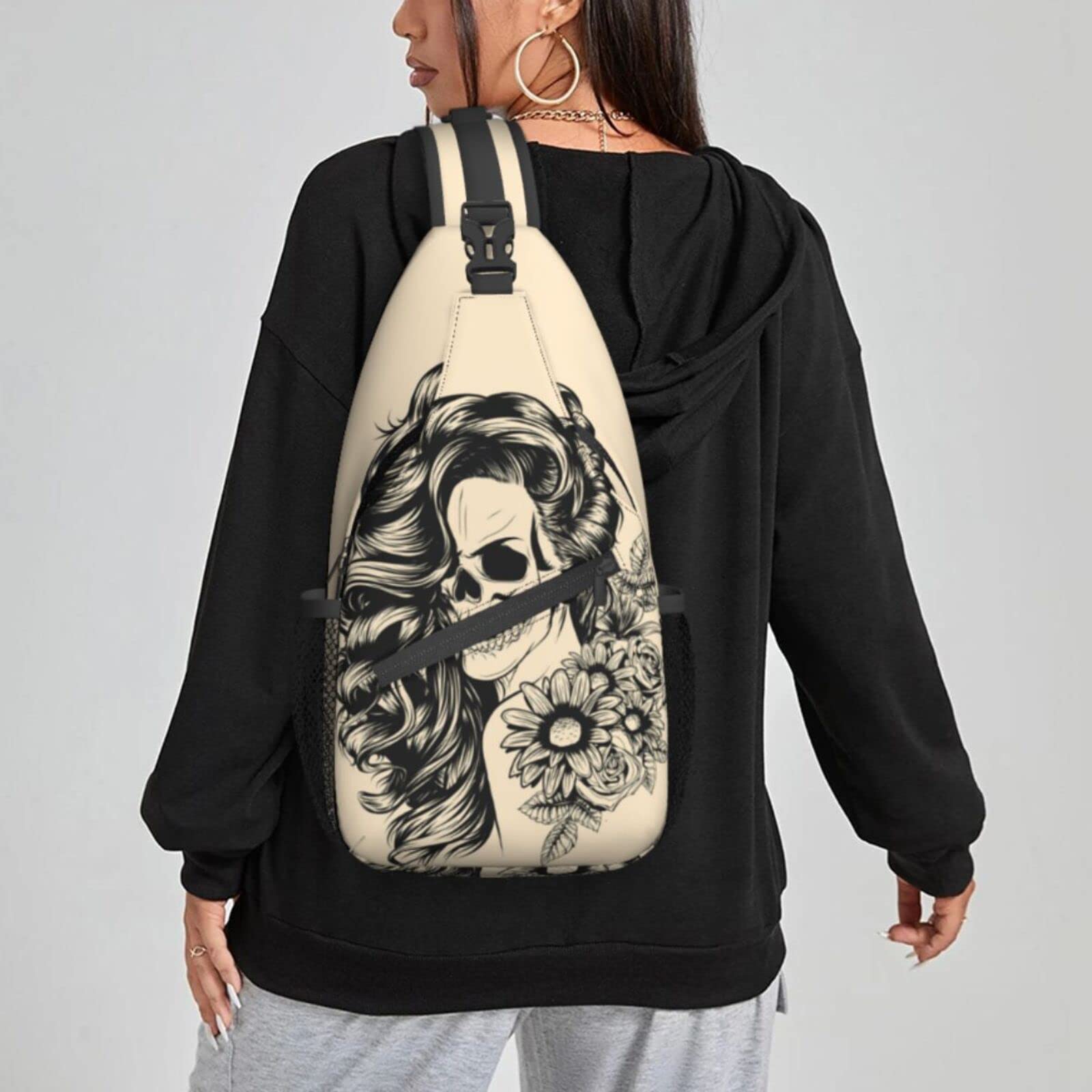 FeHuew Women Girl Skeleton Makeup Rose Skull Crossbody Sling Backpack for Men Chest Bag Shoulder Bag Lightweight One Strap Backpack Travel Outdoor Daypack