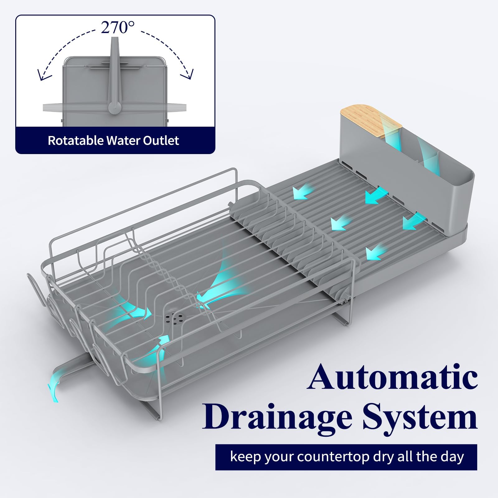 Kitsure Extendable Dish Rack, Large Drying Dish Rack with Cutlery & Cup Holders, Dish Racks for Kitchen Counter, Multifunctional Dish Racks for Counter with Drainage 27" L x 12.9" W, Grey