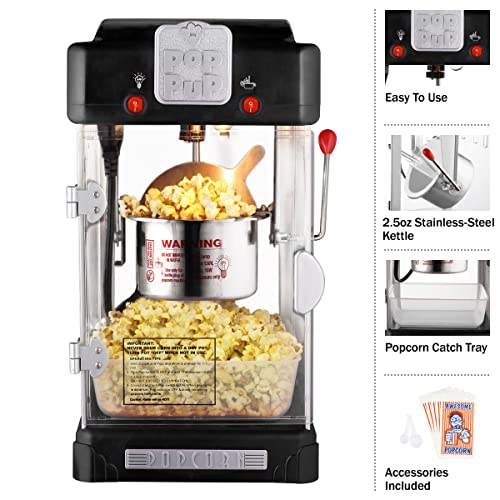 Pop Pup Countertop Popcorn Machine β 2.5oz Kettle with Measuring Spoon, Scoop, and 25 Serving Bags by Great Northern Popcorn (Black) (83-DT6121)