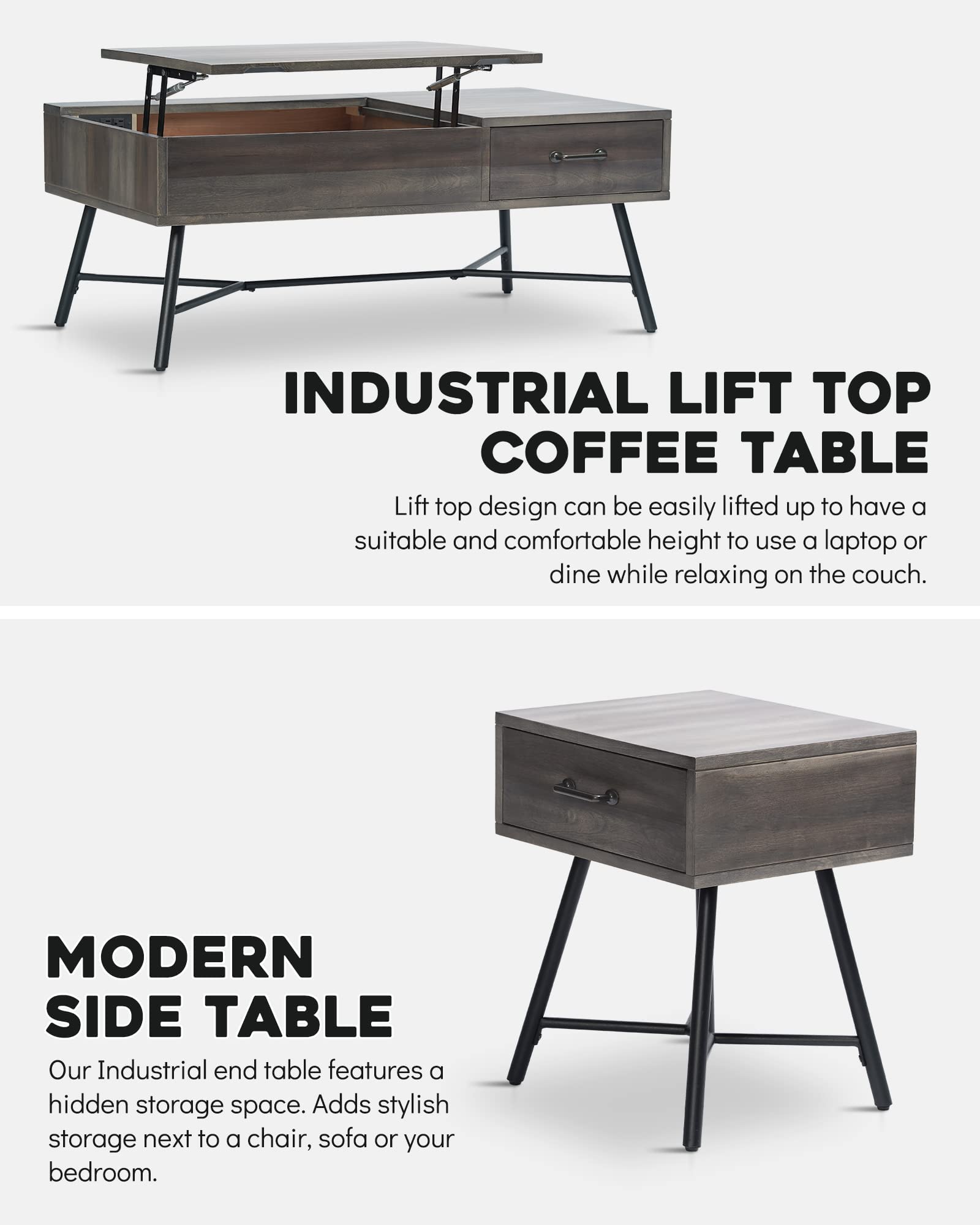 GREATUNE MCM Coffee Table for Living Room, Slide Top Coffee Tables, Rustic Natural Wood Veneer Coffee Table with Open Storage, Mid Century Coffee Table for Reception Home Office, Metal Legs, 31-Grey