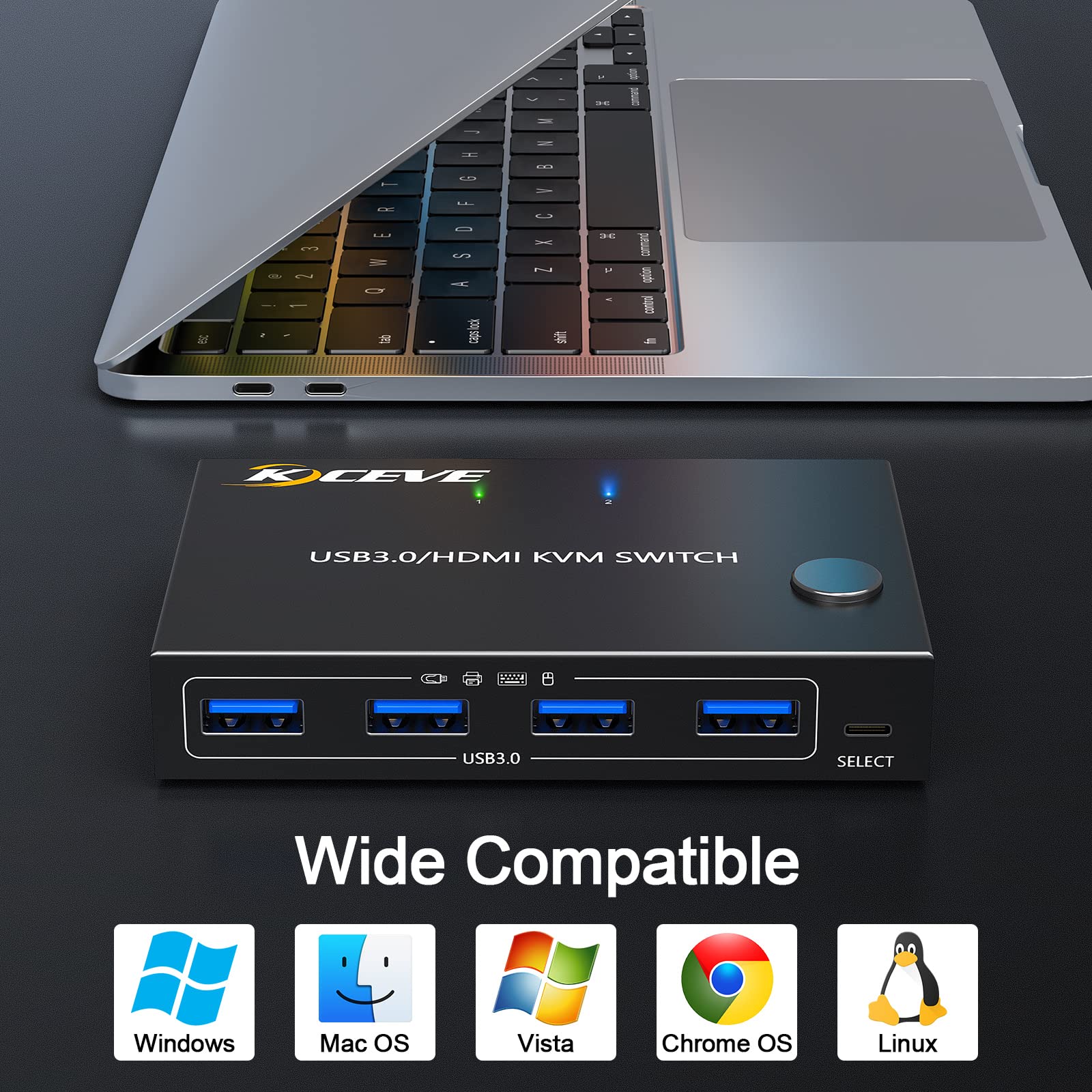 KVM Switch HDMI 2 Port, USB 3.0 KVM Switcher Selector Box Support 4K@60Hz Resolution for 2 Computers Share Mouse Keyboard and Monitor