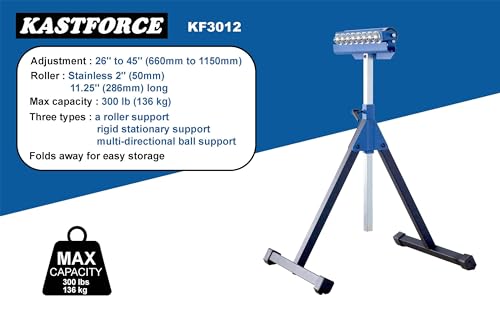 KASTFORCE Heavy-Duty Roller Stand 300 Lbs 136kg Loading Capacity (3 in 1 Roller), Adjustable Miter Saw Extension, Folds Flat for Easy Storage, 2 Inch (50mm) Stainless Steel Roller KF3012