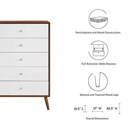 Modway Transmit Mid-Century Modern Wood Walnut White, 5-Drawer Chest