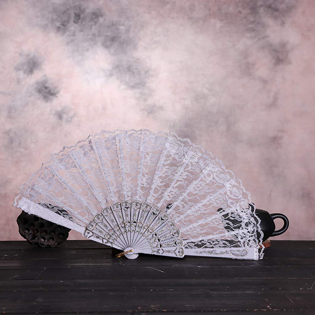 Hand Chinese Wedding Flower Lace Party Dance Style Folding Silk Held Fan Fans Fan for Bedroom Cooling Tall (White-0, One Size)