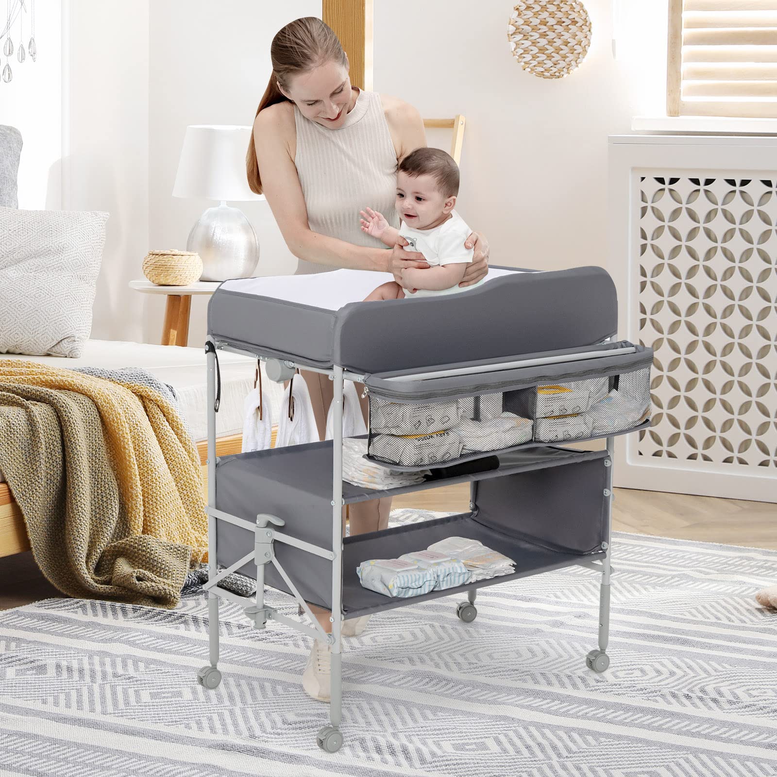 HONEY JOY Portable Baby Changing Table, 3-Tier Foldable Changing Station w/Wheels for Infant, Waterproof Diaper Changing Pad, 4 Adjustable Heights, Side Storage Basket for Newborn Essentials (Gray)