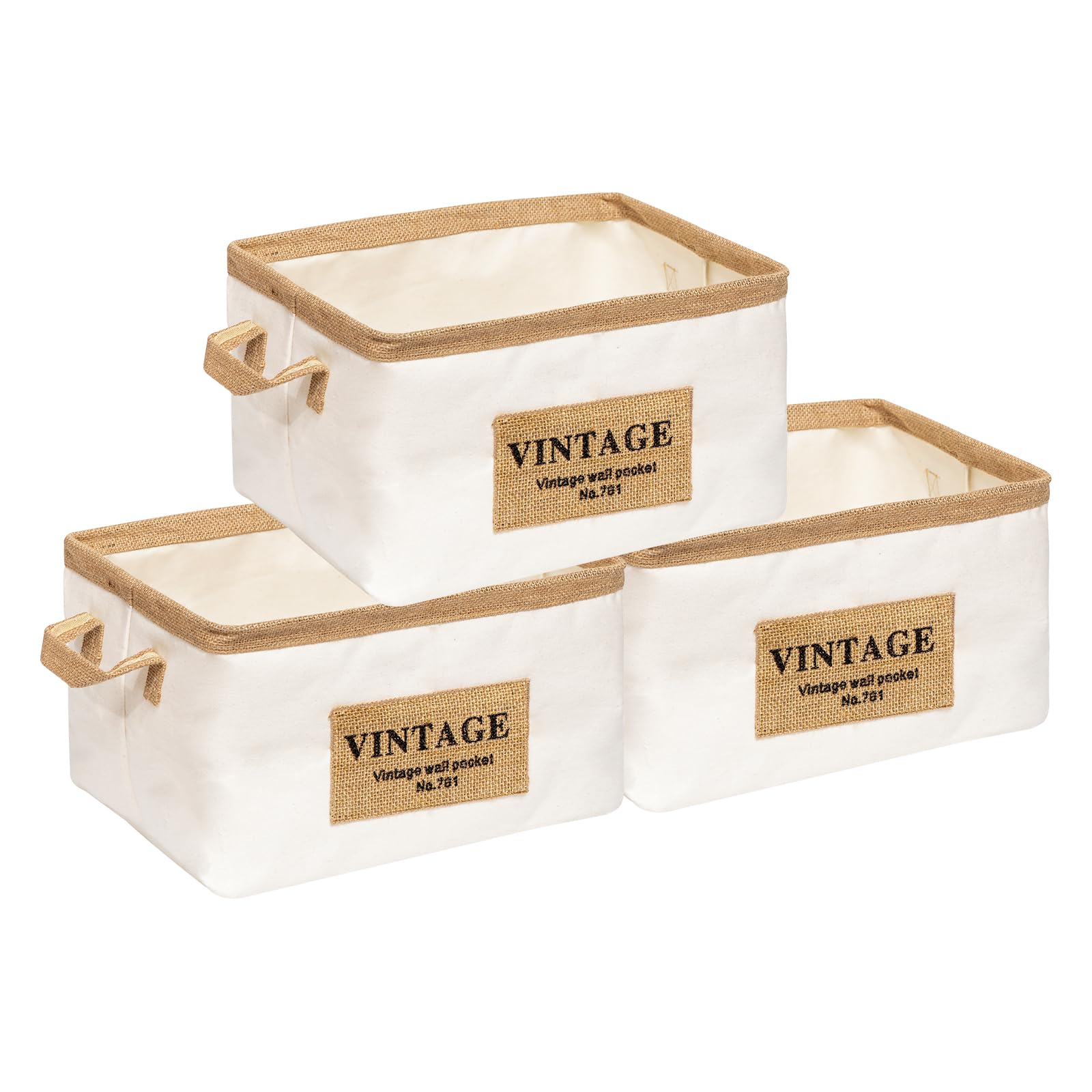 LUFOFOX 3-Pack Storage Baskets for Organizing,Jute Woven Handles Baskets Decorative Small Baskets,Fabric Baskets for Shelf Closet,White,10.6"*8.7"*6.3" (Small)