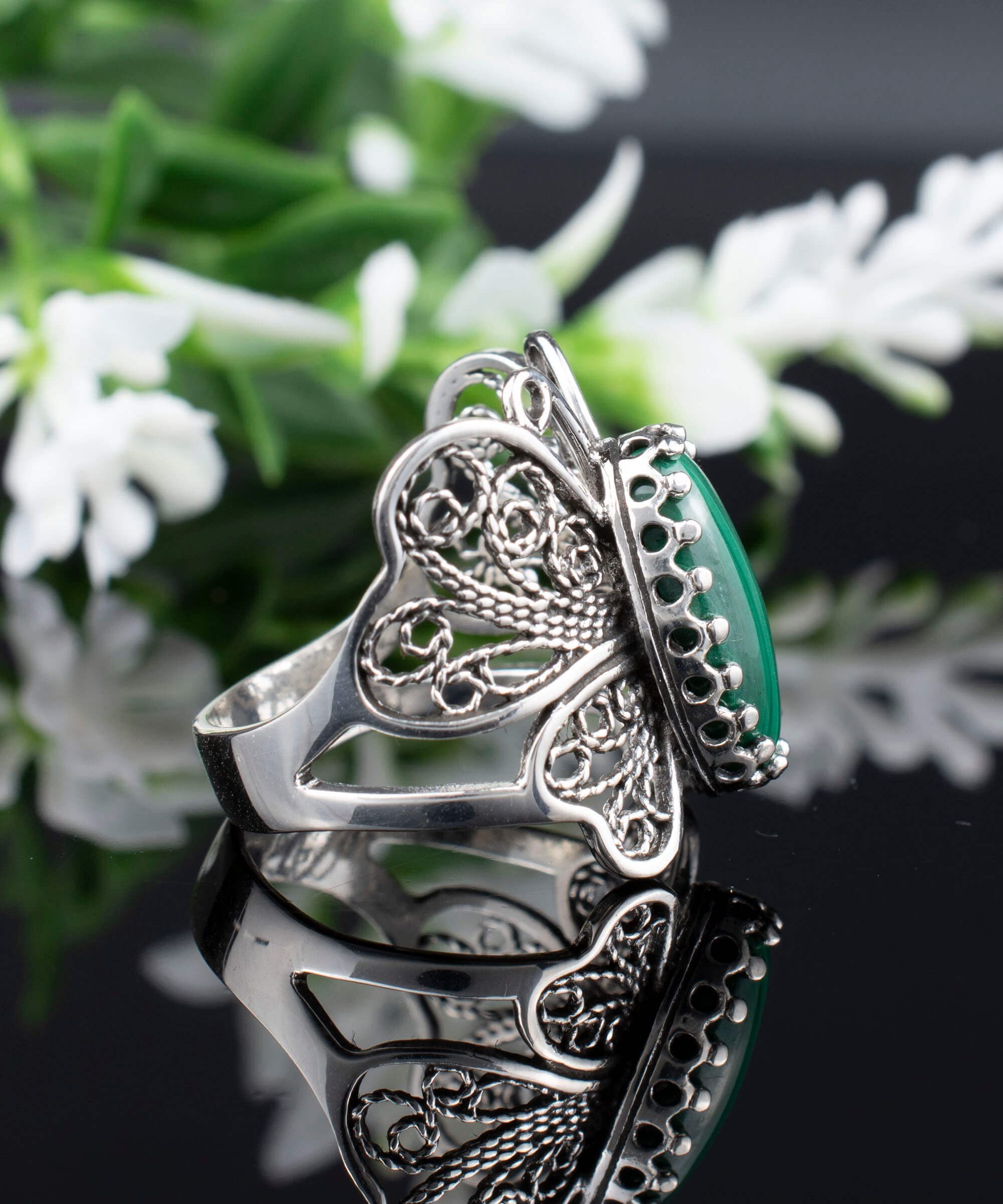 Filigranist Sterling Silver Filigree Art Butterfly Women Cocktail Ring with Gemstones (Malachite, 9)