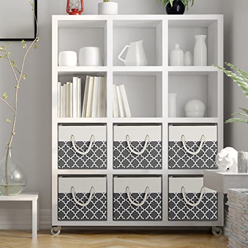 RVSNQ Large Fabric Storage Bins, Closet Storage Bins with Cotton Rope Handle and Label, Foldable Storage Boxes for Organizing, Storage Baskets for Shelves Bedroom Office (3-Pack, Grey Quatrefoil)