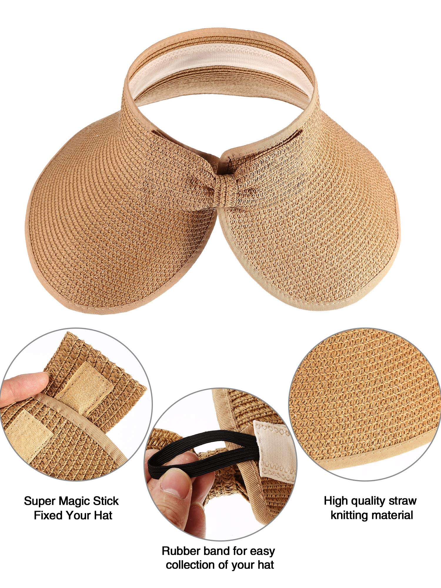 HESTYA Women's Wide Brim Straw Sun Visor Hat Foldable Roll-up Summer Beach Hat Open Top Hat Packable