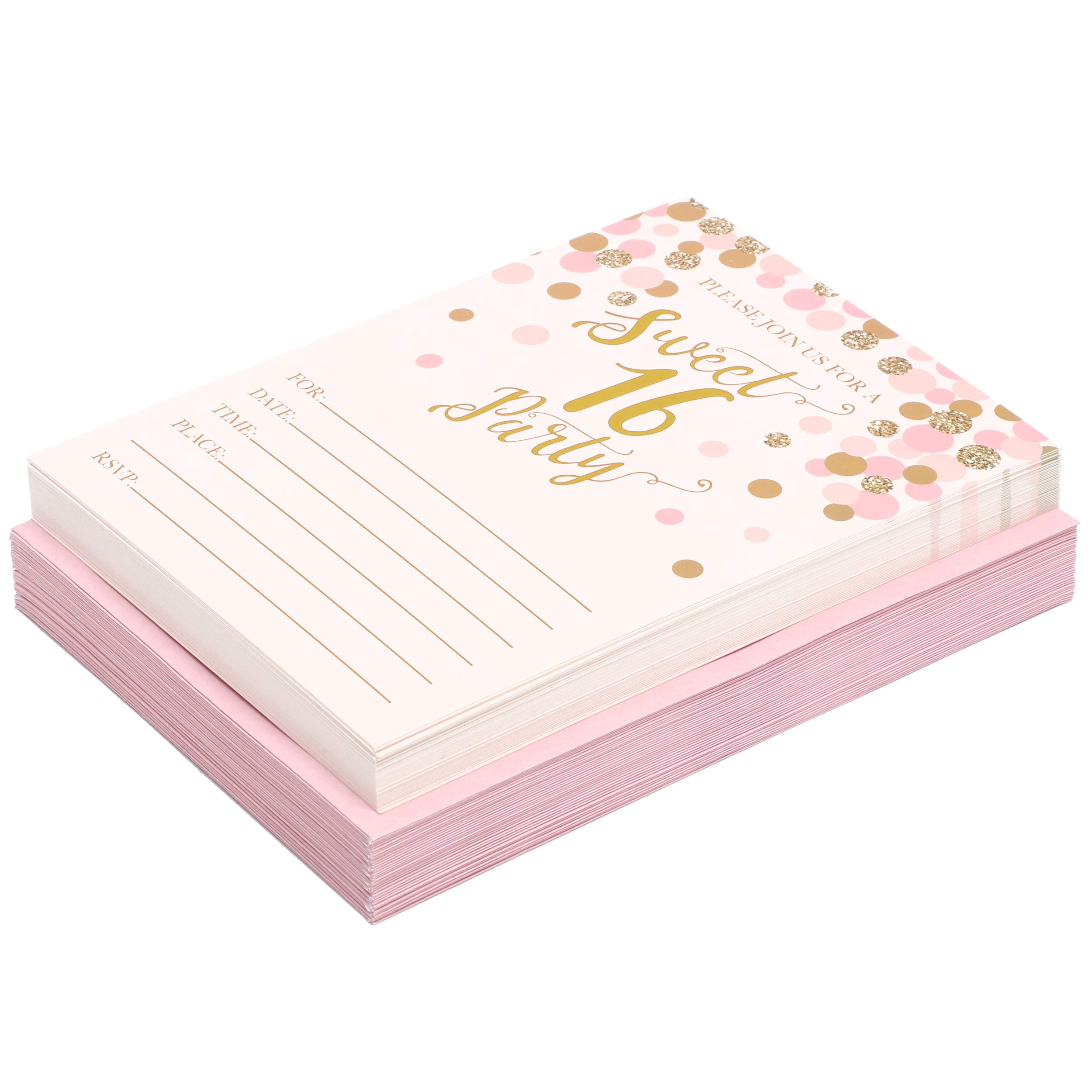 Sparkle and Bash 36-Pack Sweet 16 Birthday Party Invitations With Envelopes for RSVP Party (Pink & Gold, 7 x 5 In)