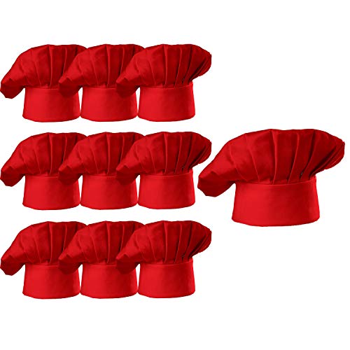 Hyzrz Chef Hat Set of 10 PCS Pack Adult Adjustable Elastic Baker Kitchen Cooking Chef Cap, Red