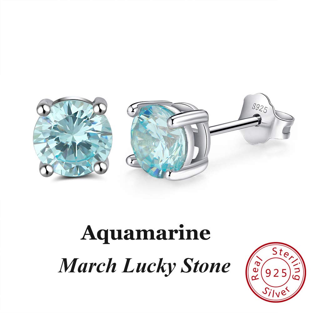 Fereendo 925 Sterling Silver Birthstone Stud Earrings Round Cut Aquamarine Cubic Zircon Birthstone Earrings Studs March Birthday Jewelry Gift for Women