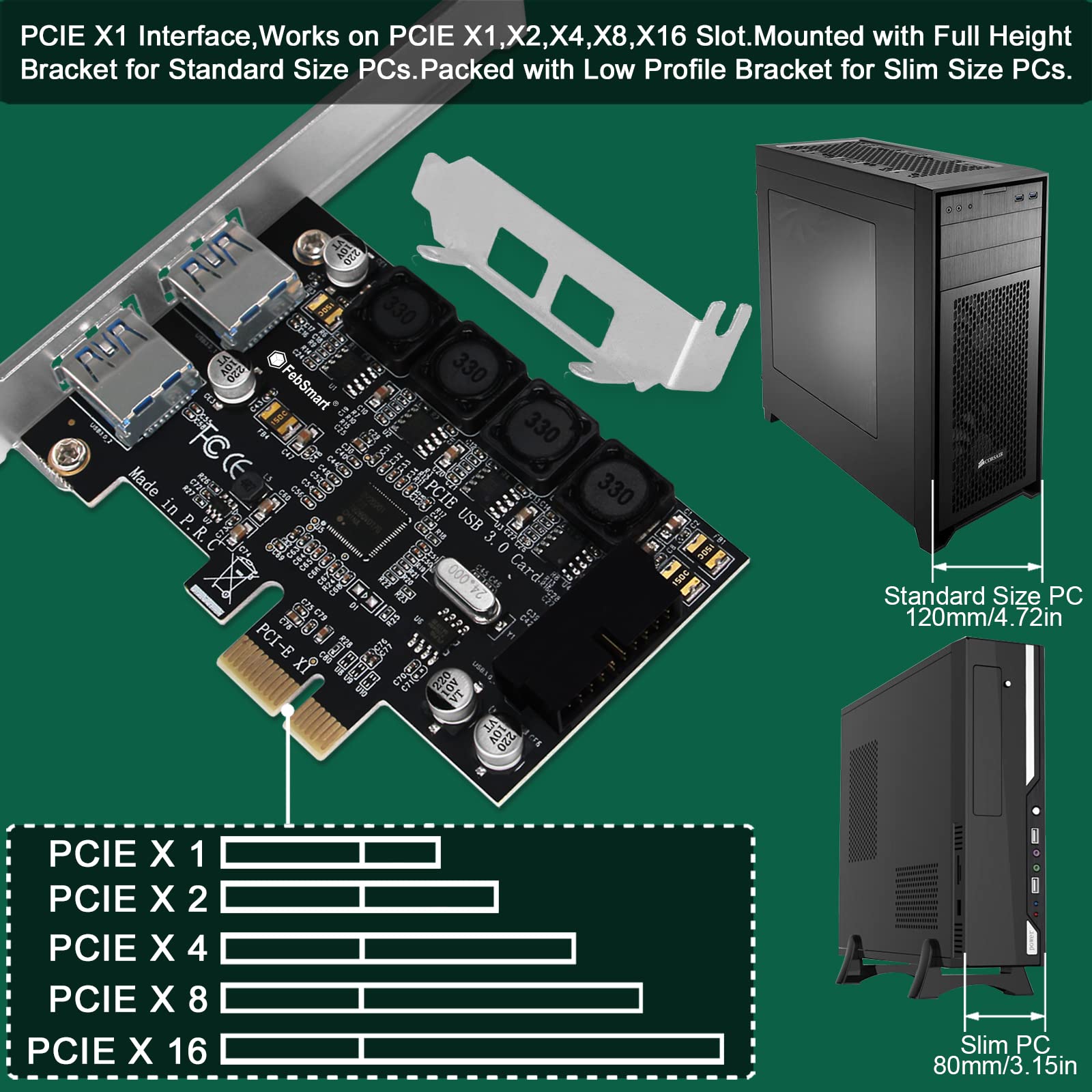FebSmart 1X 19Pin USB 3.0 Header and 2X USB-A Ports PCIE USB 3.0 5Gbps Expansion Card for Windows and Linux Desktop PCs, Built in Self-Powered Technology, No Need Additional Power Supply (FS-HA-Pro)