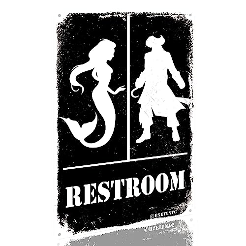 RXETYNVG Funny Restroom Sign Mermaid Pirate Vintage Metal Tin Sign Family Restroom Tin Sign for Restroom Bathroom Door Wall Decor 8x12inch-Tin Sign
